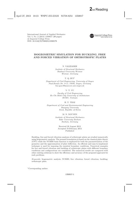 Pdf Isogeometric Simulation For Buckling Free And Forced Vibration