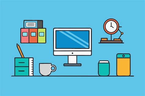 A Computer Desk With A Computer And A Clock On The Top Premium AI Generated Vector