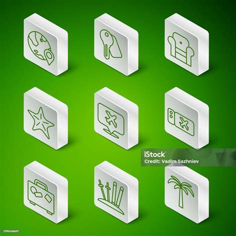 세트 라인 열대 야자수 스키와 스틱 지구본의 위치 비행기 불가사리 호텔 도어 잠금 키 여행 가방 및 항공권 아이콘과 말풍선 벡터 3차원 형태에 대한 스톡 벡터 아트 및 기타