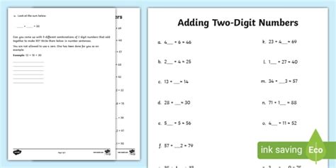 Missing Digits In A Two Digit Number Addition Activity Sheet