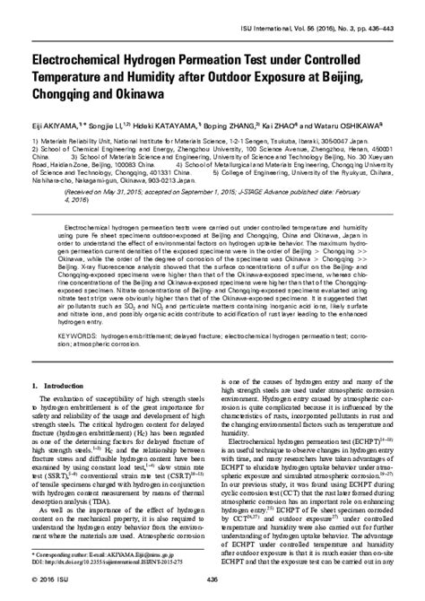 Pdf Electrochemical Hydrogen Permeation Test Under Controlled Temperature And Humidity After