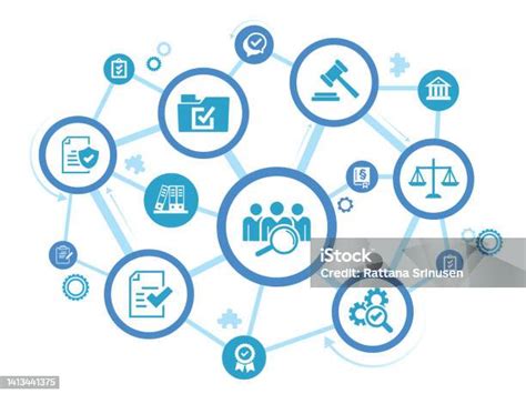 규정 준수 아이콘 개념 기업 사명 또는 규정 준수 정책 또는 연결된 아이콘의 윤리 관리 가치 0명에 대한 스톡 벡터 아트 및