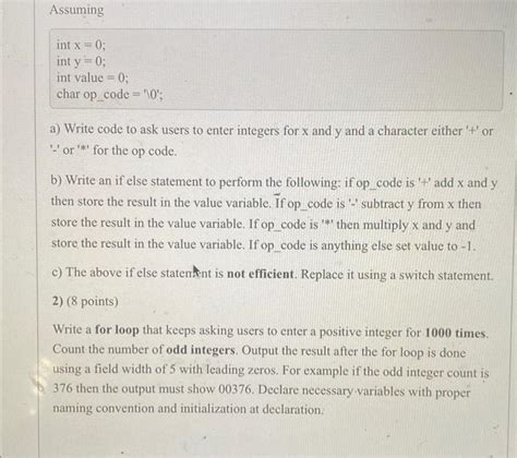 Solved Assuming Int X0 Int Y0 Int Value 0 Char Opcode
