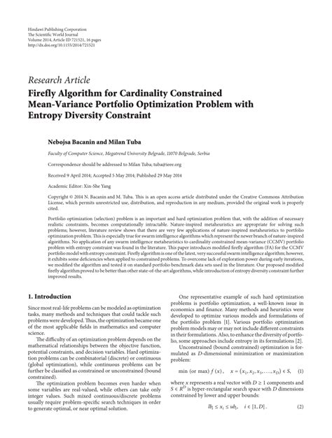 Pdf Firefly Algorithm For Cardinality Constrained Mean Variance Portfolio Optimization Problem