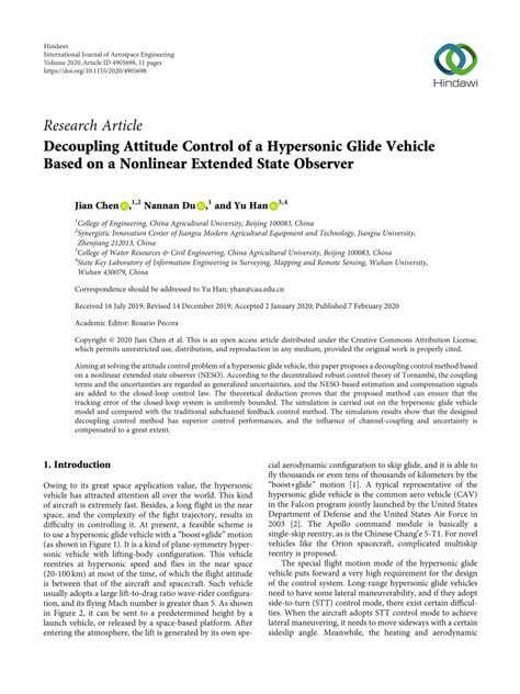 Pdf Decoupling Attitude Control Of A Hypersonic Glide Vehicle Based On A Nonlinear Extended