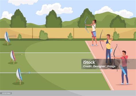 양궁 연습 또는 훈련 목표물을 성공적으로 명중시켰습니다 활과 화살을 들고 목표물을 겨냥하는 남녀 궁수 성공 성취 또는 성취를 묘사하는 벡터 아트웍 개념에 대한 스톡 벡터