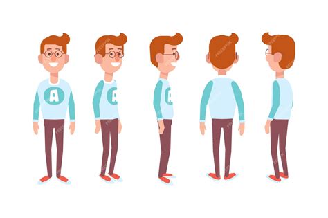 애니메이션에 대 한 남자 남성 남자 전면 후면 보기 평면 벡터 캐릭터 프리미엄 벡터