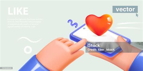 빨간 하트 아이콘이 있는 휴대폰을 들고 있다 심볼 디자인과 같은 사실적인 3d 렌더링 재미있는 만화 플라스틱 스타일의 벡터 아트 3차원 형태에 대한 스톡 벡터 아트 및 기타