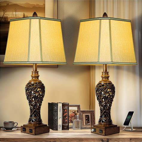 28 5 Tall Farmhouse Vintage Table Lamp Set Of 2 With Faux Silk Shade
