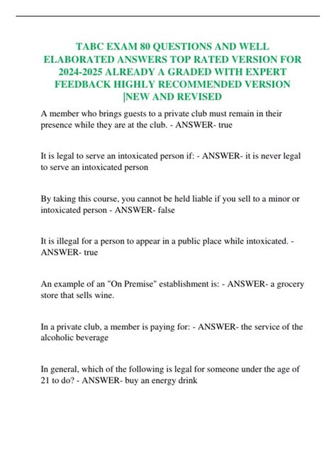 TABC EXAM QUESTIONS AND WELL ELABORATED ANSWERS TOP RATED VERSION FOR ALREADY A GRADED WITH