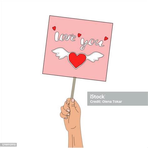 비문포스터를 들고 있는 손 나는 당신과 흰색 날개 발렌타인 데이를위한 낙서 스타일의 벡터 일러스트와 빨간 마음을 사랑해요 개념에 대한 스톡 벡터 아트 및 기타 이미지