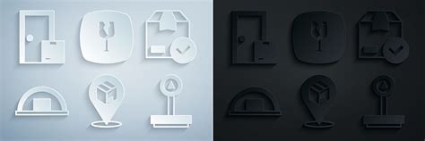 골판지 상자 Ackage 확인 표시 창고 규모 깨지기 쉬운 깨진 유리 및 택배 서비스 아이콘으로 위치를 설정합니다 벡터 3차원 형태에 대한 스톡 벡터 아트 및 기타 이미지