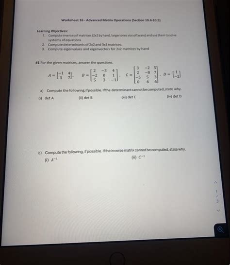 Solved Worksheet 16 Advanced Matrix Operations Section