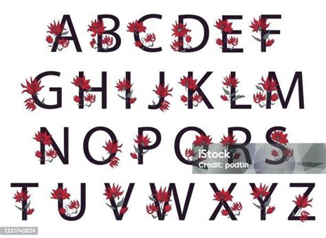 흰색 배경에 고립 된 잎과 붉은 꽃 블록 문자의 글꼴 꽃 알파벳 결혼식 인사말 카드 초대 템플릿 디자인에 대한 벡터 일러스트레이션 3차원 형태에 대한 스톡 벡터 아트 및