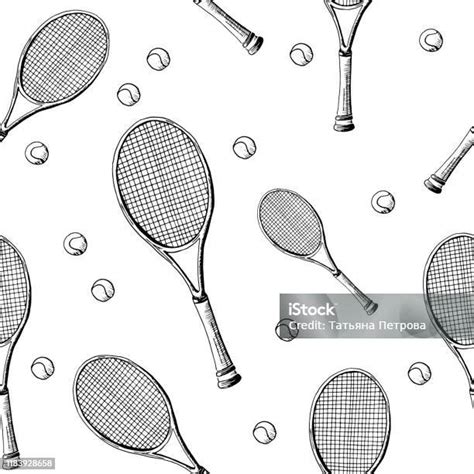 테니스 배경입니다 흰색 배경에 테니스 공 손으로 그린 검은 스케치 스타일의 테니스 라켓의 원활한 패턴 테니스에 대한 스톡 벡터 아트 및 기타 이미지 Istock