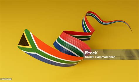 남아프리카 공화국의 3d 국기 3d 물결 모양의 빛나는 남아프리카 공화국 리본 깃발 노란색 배경 3d 그림 0명에 대한 스톡 사진 및 기타 이미지 Istock