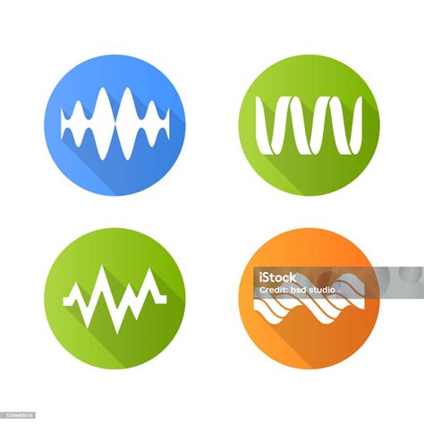 음파 플랫 디자인 긴 그림자 문표 아이콘 세트 오디오 웨이브 음악 주파수 음성 회선 중첩 음파 추상 디지털 파형 심장 리듬 맥박 벡터 실루엣 일러스트레이션 개념에 대한 스톡