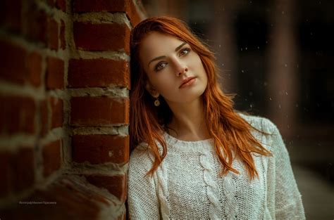 Wallpaper Women Redhead Model Long Hair Red Bricks Fashion