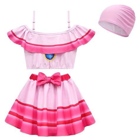 Suee Girls Princess Peach Swimsuit 3 Piece Wswimming Cap Bathing Suit