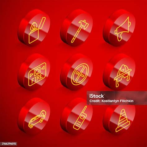 라인 라이터 소방관 도끼 메가폰 경보 시스템 화재 성냥 없음 헬멧 불타는 자동차 및 워키 토키 아이콘을 설정합니다 벡터 3차원 형태에 대한 스톡 벡터 아트 및 기타 이미지