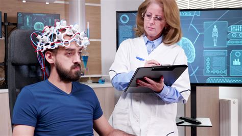 Female Scientist In Brain Activity Taking Notes On Her Clipboard Moder Facility For Brain