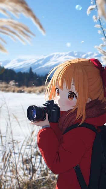 Anime Girl Photographer In A Snowy Landscape Premium Ai Generated Image