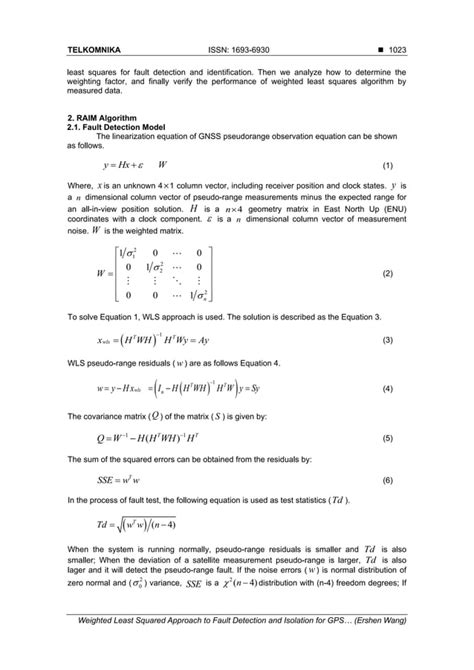 Weighted Least Squared Approach To Fault Detection And Isolation For Gps Integrity Monitoring Pdf