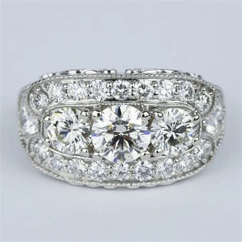 Three Stone Halo Set Diamond Ring Filigree Design Engagement Ring