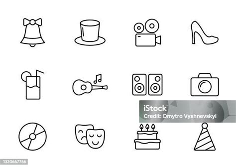 흰색으로 격리된 파티 라인 벡터 아이콘입니다 웹 및 Ui 디자인 모바일 앱 및 인쇄 폴리그래피용 파티 축하 개요 아이콘 세트 Dj에 대한 스톡 벡터 아트 및 기타 이미지