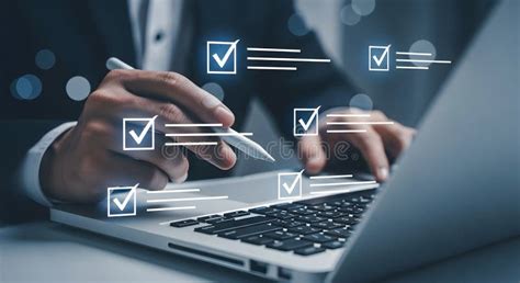 Digital Checklist On Laptop For Business Tasks And Project Management With Check Marks And Pen