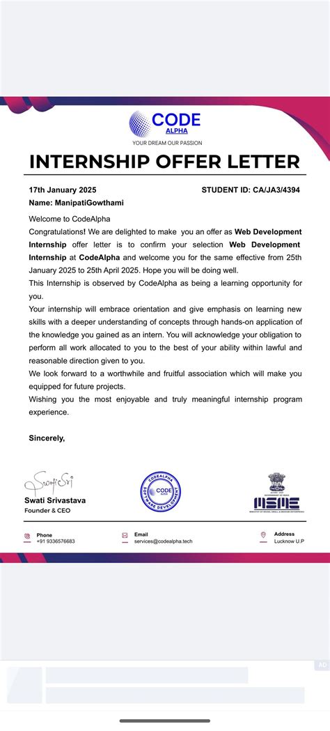 Codealpha Internshipcodealpha I Am Incredibly Excited To Share That I