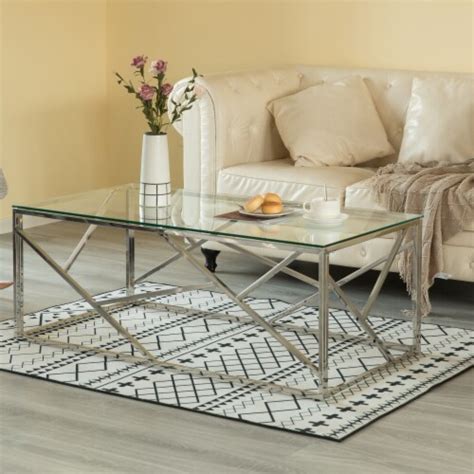Fabulaxe Decorative Rectangular Glass Top Metal Modern Coffee Table Silver One Size King Soopers