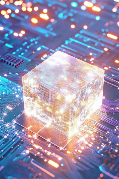 Futuristic Glowing Cube On A Digital Circuit Board Symbolizing Technology Stock Image Image