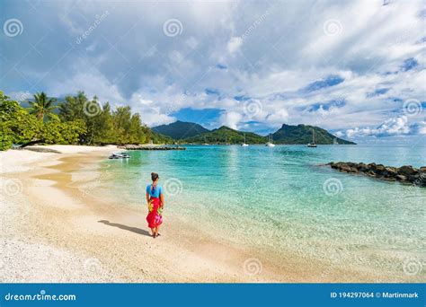 Travel Tourist Woman At French Polynesia Beach On Huahine Island Cruise