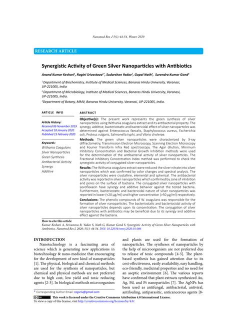 Pdf Synergistic Activity Of Green Silver Nanoparticles With Antibiotics
