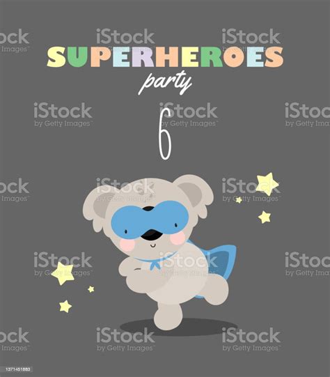 생일 파티 인사말 카드 파티 초대장 귀여운 코알라 슈퍼 히어로와 비문 여섯 아이 그림 만화 스타일의 벡터 일러스트레이션 0명에 대한 스톡 벡터 아트 및 기타 이미지 Istock