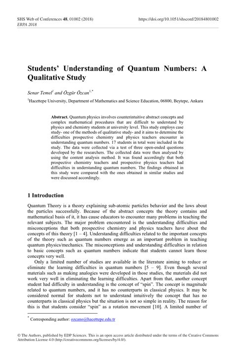 Pdf Students Understanding Of Quantum Numbers A Qualitative Study