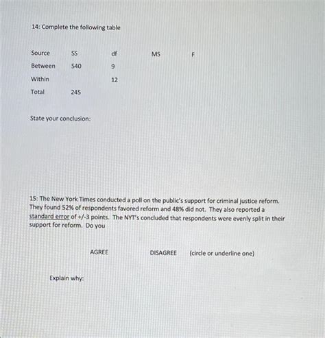 solved 14 complete the following table source ss df ms f