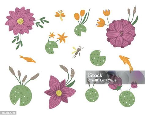 만화 스타일의 벡터 세트 평면 재미 수련 잠자리 모기 리드 클립 아트 어린이 디자인에 대 한 숲 늪 테마와 귀여운 일러스트 갈대속 벼과에 대한 스톡 벡터 아트 및 기타