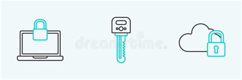 Set Line Cloud Computing Lock Laptop And And Key Icon Vector Stock