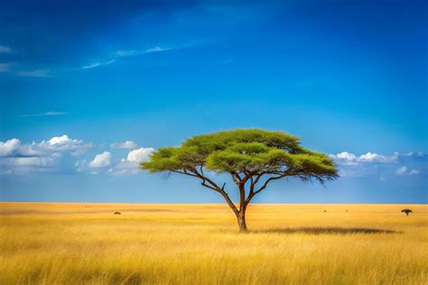 Solitary Acacia Tree On Golden African Savanna Under A Vivid Blue Sky