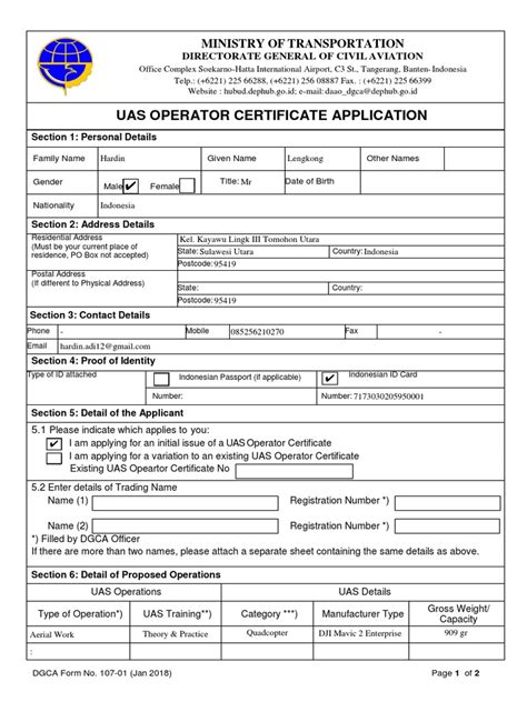 Dgca Form 107 01 Uas Operator Certificate Application Hardin Lengkong Pdf Aerial Photography
