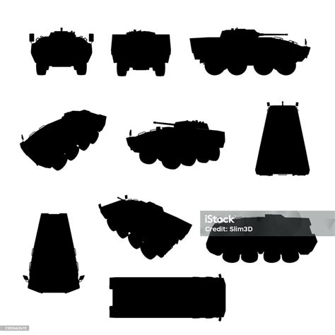 Armored Personnel Carrier 실루엣의 집합입니다 기갑 전투 차량 아이콘입니다 전쟁 군사 및 무기 상징 고립된 벡터 이미지 Minuteman Civil