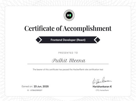 i have completed the frontend certification test by hackerrank pulkit m