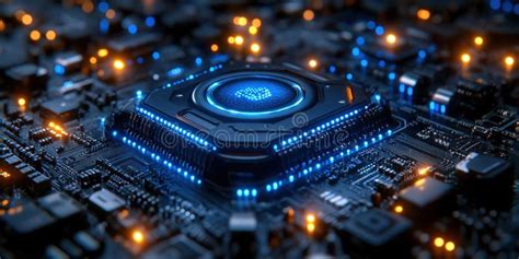 Detailed View Of A Futuristic Microchip Surrounded By Glowing Circuitry In A High Tech