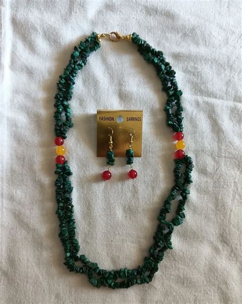 Green Party Wear Malachite Necklace Earrings Set For Fashion Jewelry