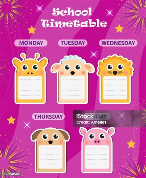 귀여운 디자인 요소와 주간 학교 시간표 템플릿 아이들을위한 평일 플래너 벡터 일러스트레이션 0명에 대한 스톡 벡터 아트 및 기타 이미지 Istock