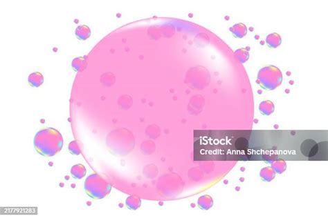 빛나는 무지개 빛깔의 분자 또는 입자가 있는 유체 분홍색 3d 거품 투명한 배경에 고립된 유체 물방울 3차원 형태에 대한 스톡 벡터 아트 및 기타 이미지 Istock