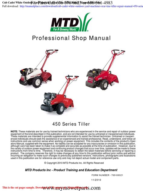 Cub Cadet White Outdoor Yard Machines Rear Tine Tiller Repair Manual 450 Series Pdf Axle