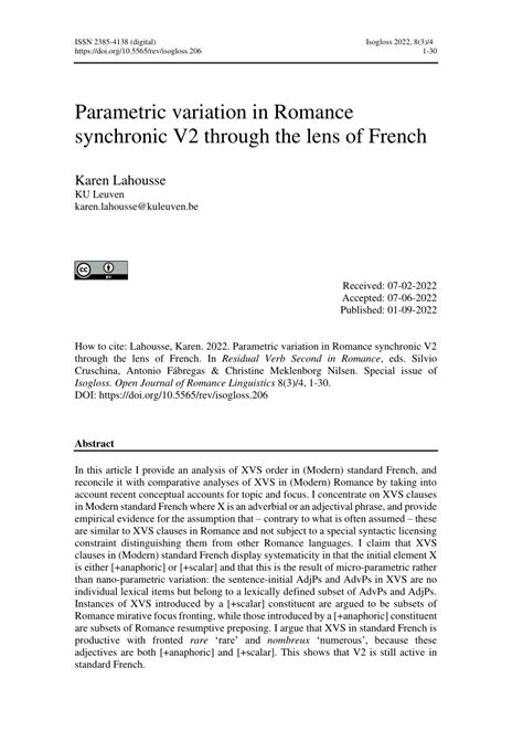 PDF Parametric Variation In Romance Synchronic V2 Through A French Lens